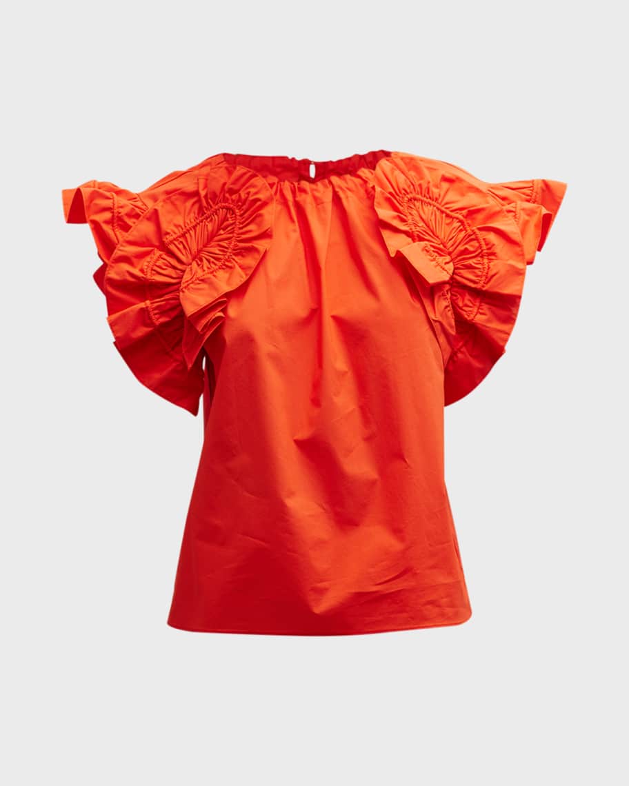 Ulla Johnson Elora Ruffle-Sleeve Cotton Poplin Top | Neiman Marcus