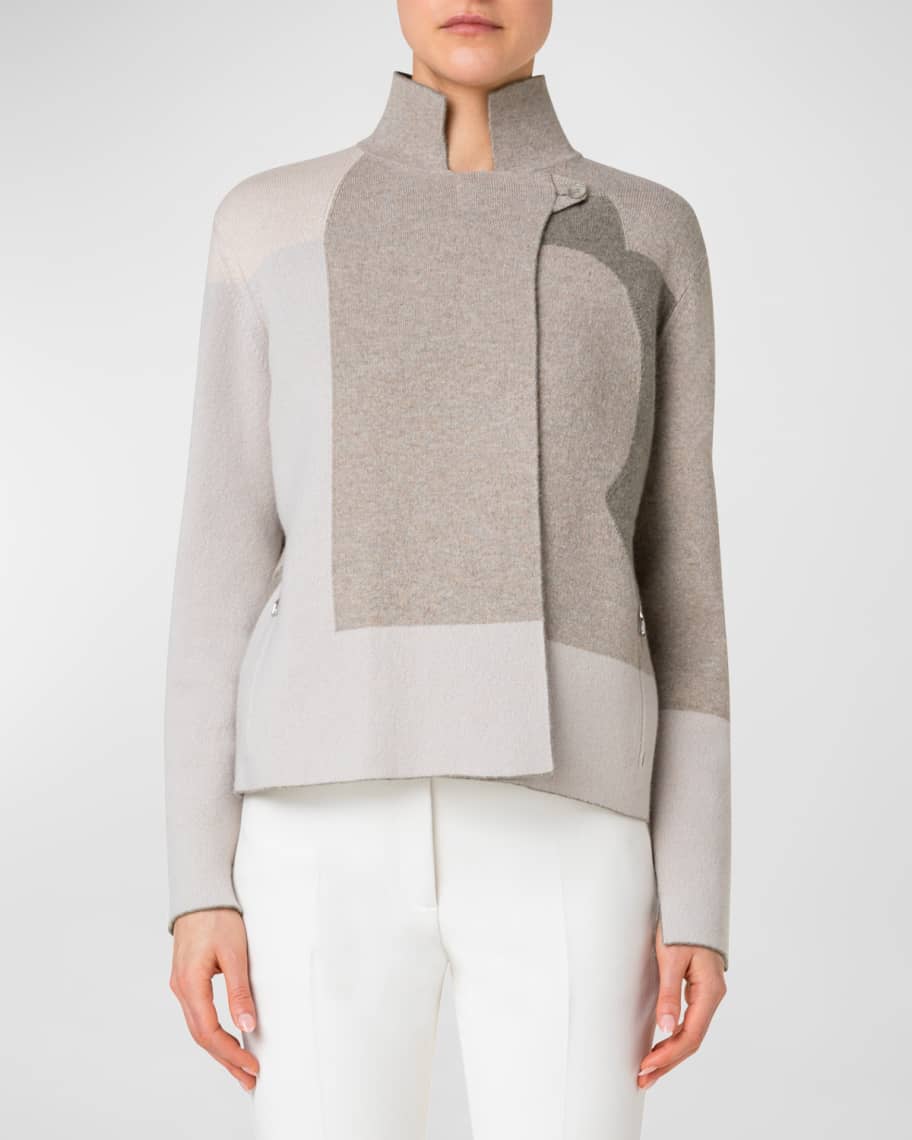 Akris Cashmere Knit Jacket with Neutral Block Intarsia Detail | Neiman ...
