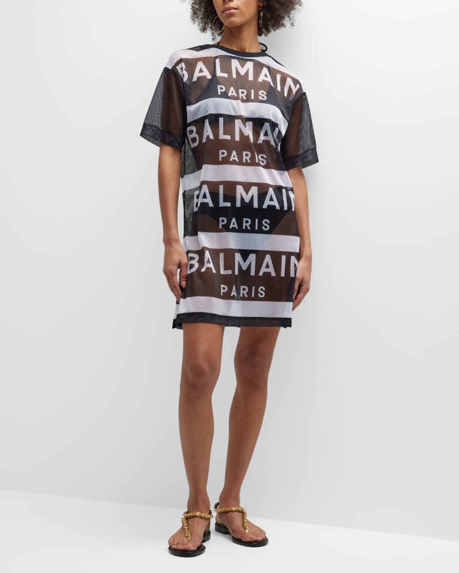 Balmain Logo Maxi Stripes Short Coverup Dress | Neiman Marcus