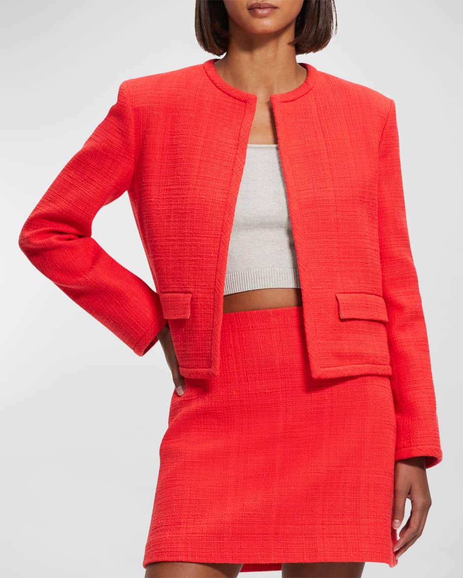 Theory Padded-Shoulder Open-Front Tweed Jacket | Neiman Marcus