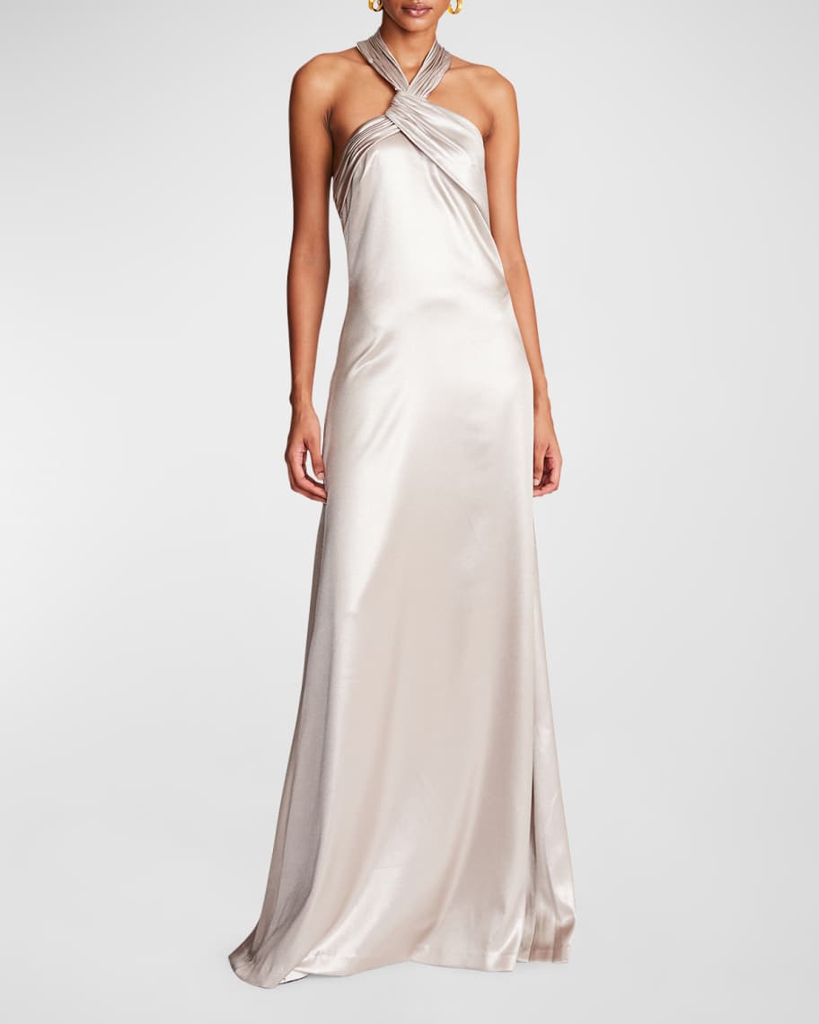 Halston Raelynn Metallic A-Line Halter Gown | Neiman Marcus