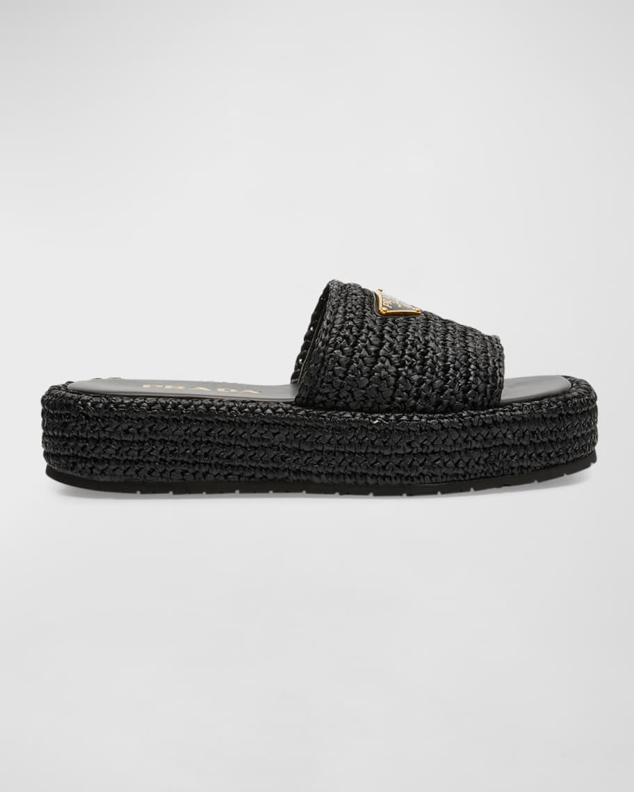Prada Raffia Single-Band Platform Slides | Neiman Marcus