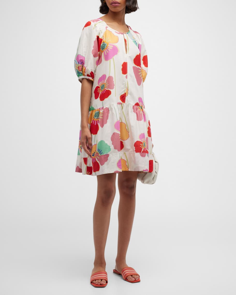Velvet Rachel Puff-Sleeve Floral Cotton Mini Shift Dress | Neiman Marcus