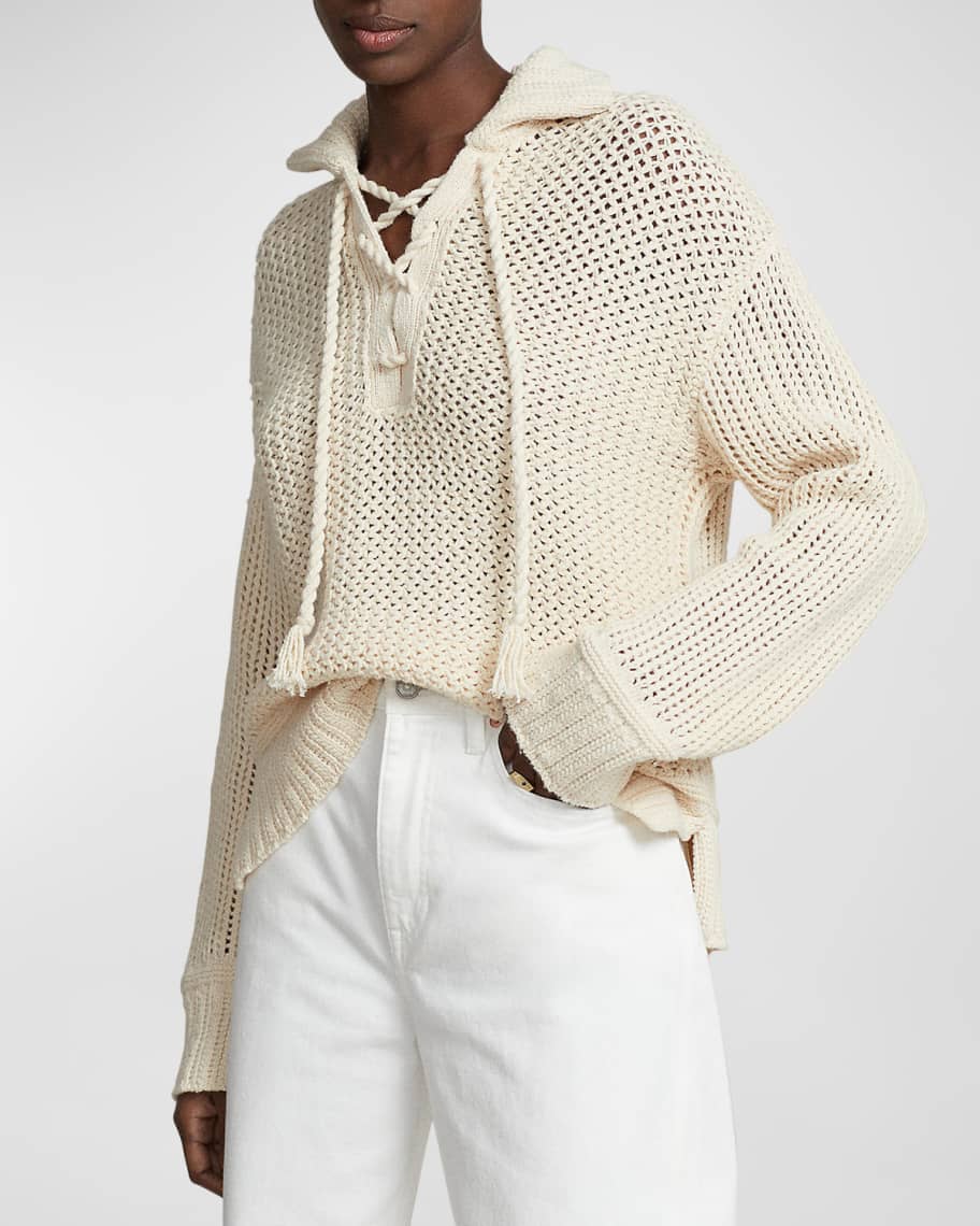 Polo Ralph Lauren Cross-Stitch Lace-Up Cotton-Wool Sweater | Neiman Marcus