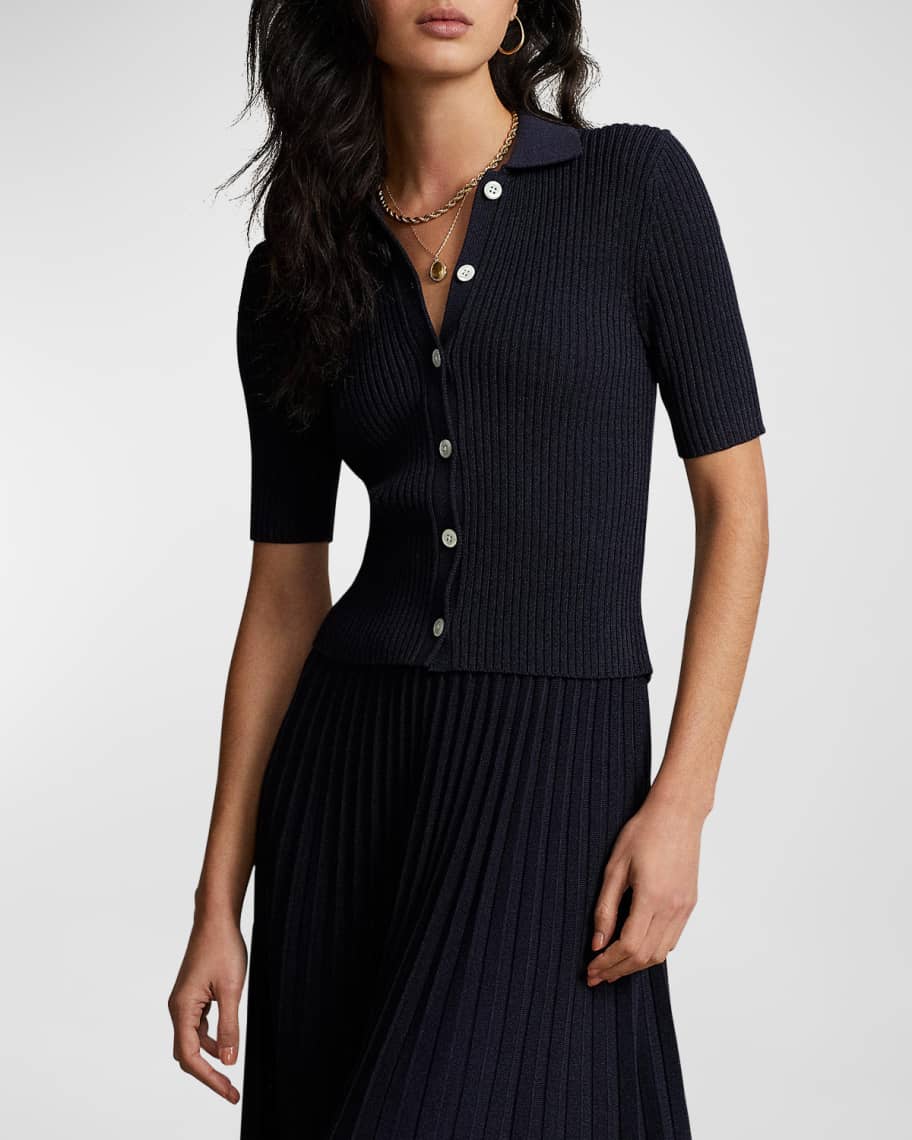 Polo Ralph Lauren Rib-Knit Short-Sleeve Polo Cardigan | Neiman Marcus