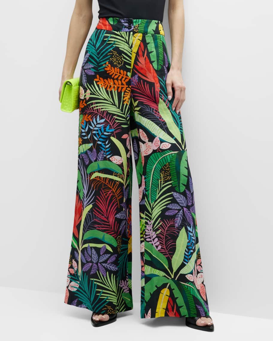 120% Lino High-Rise Wide-Leg Botanical-Print Pants | Neiman Marcus