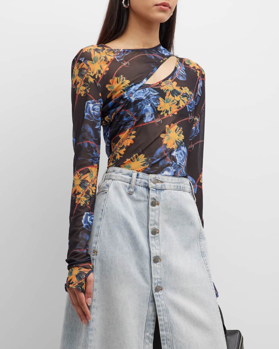 Ksubi Transfer Floral Mesh Cut-Out Top | Neiman Marcus