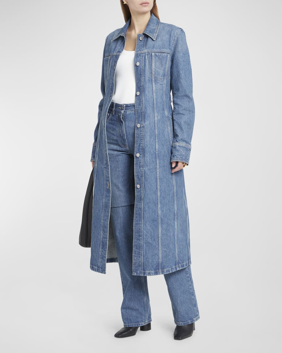 Ferragamo Button-Front Long Denim Trench Coat | Neiman Marcus