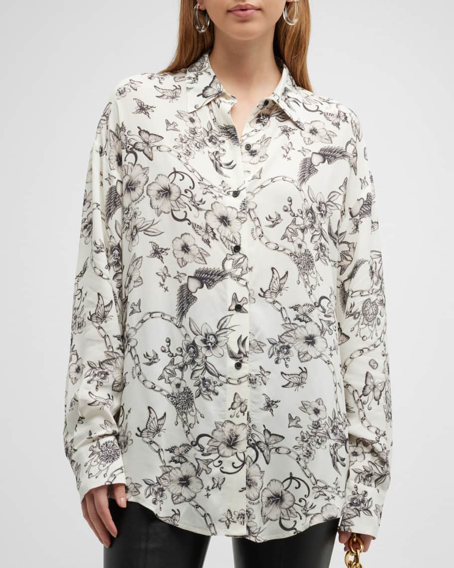 PINKO Corisha Floral-Print Crepe De Chine Shirt | Neiman Marcus