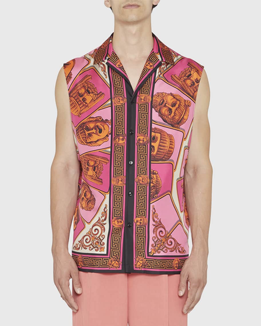 Versace Men's Greek Heads Sleeveless Silk Shirt | Neiman Marcus