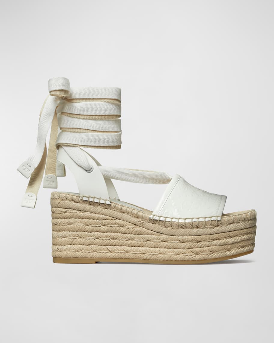 Tory Burch T Monogram Ankle-Wrap Wedge Espadrilles | Neiman Marcus