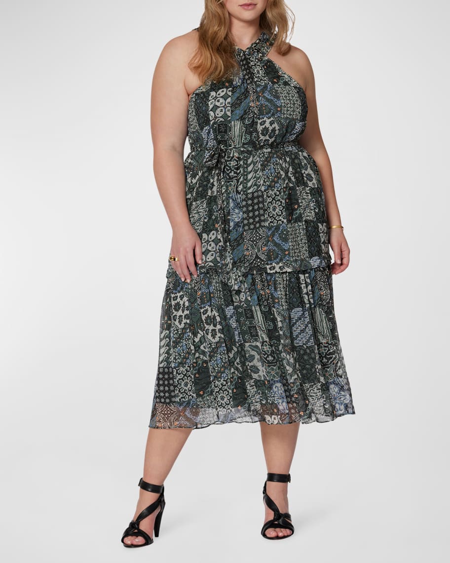Joie Plus Size Freya Patchwork-Print Midi Dress | Neiman Marcus