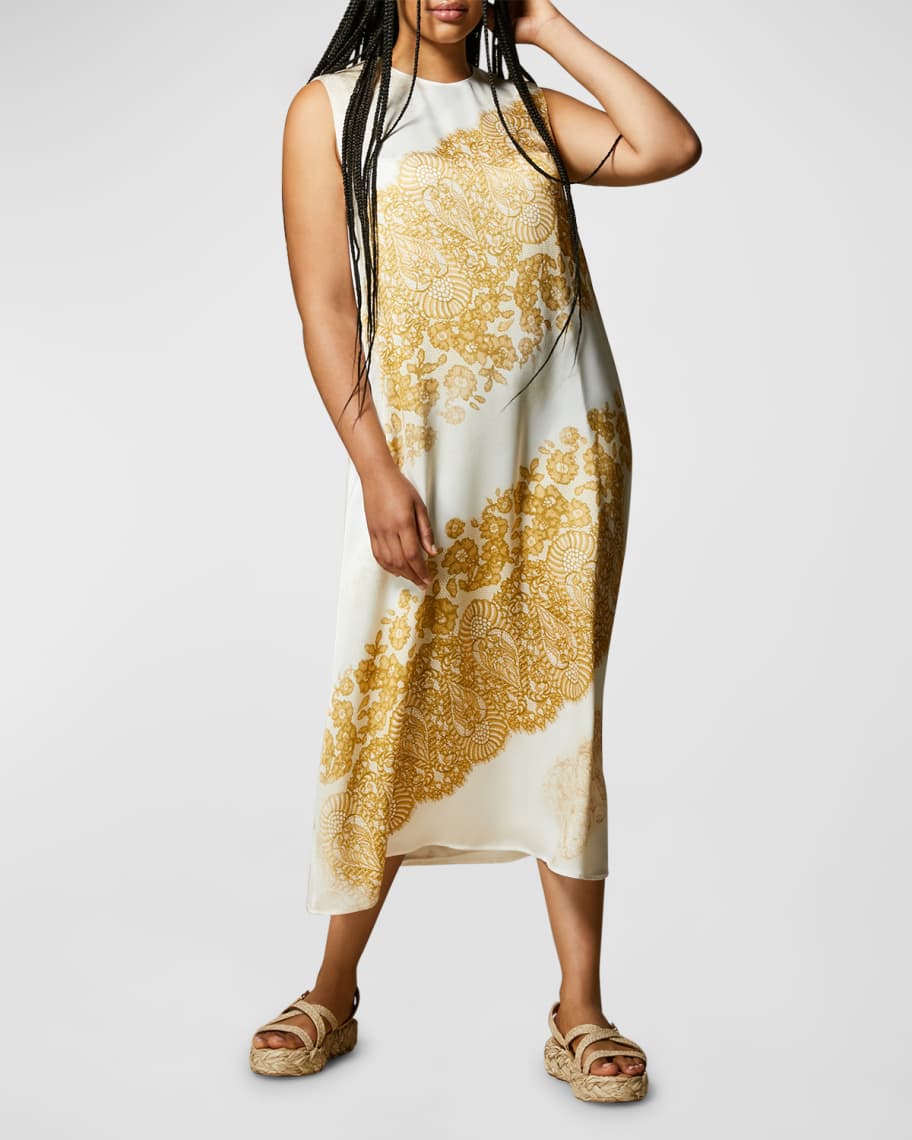 Marina Rinaldi Plus Size Duttile Lace-Print Satin Midi Dress | Neiman ...