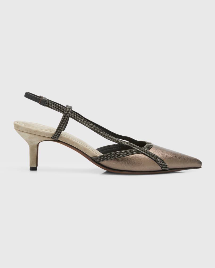 Brunello Cucinelli Metallic Monili Kitten-Heel Slingback Pumps | Neiman ...