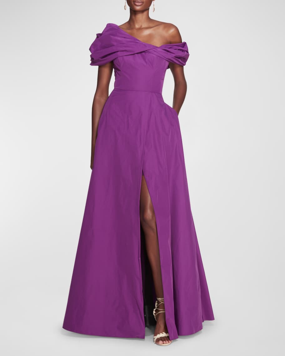 Marchesa Notte Off-Shoulder Side-Slit Taffeta Ballgown | Neiman Marcus