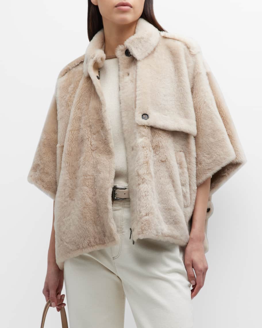 Brunello Cucinelli Shearling Cape Jacket with Velour Suede Lining ...