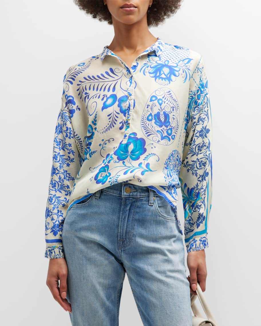 Johnny Was Farrow Seline Floral-Print Silk Blouse | Neiman Marcus