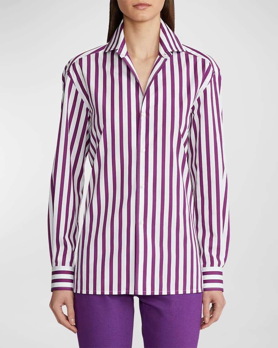 Ralph Lauren Collection Capri Striped Crisp Cotton Blouse, Purple | Neiman Marcus