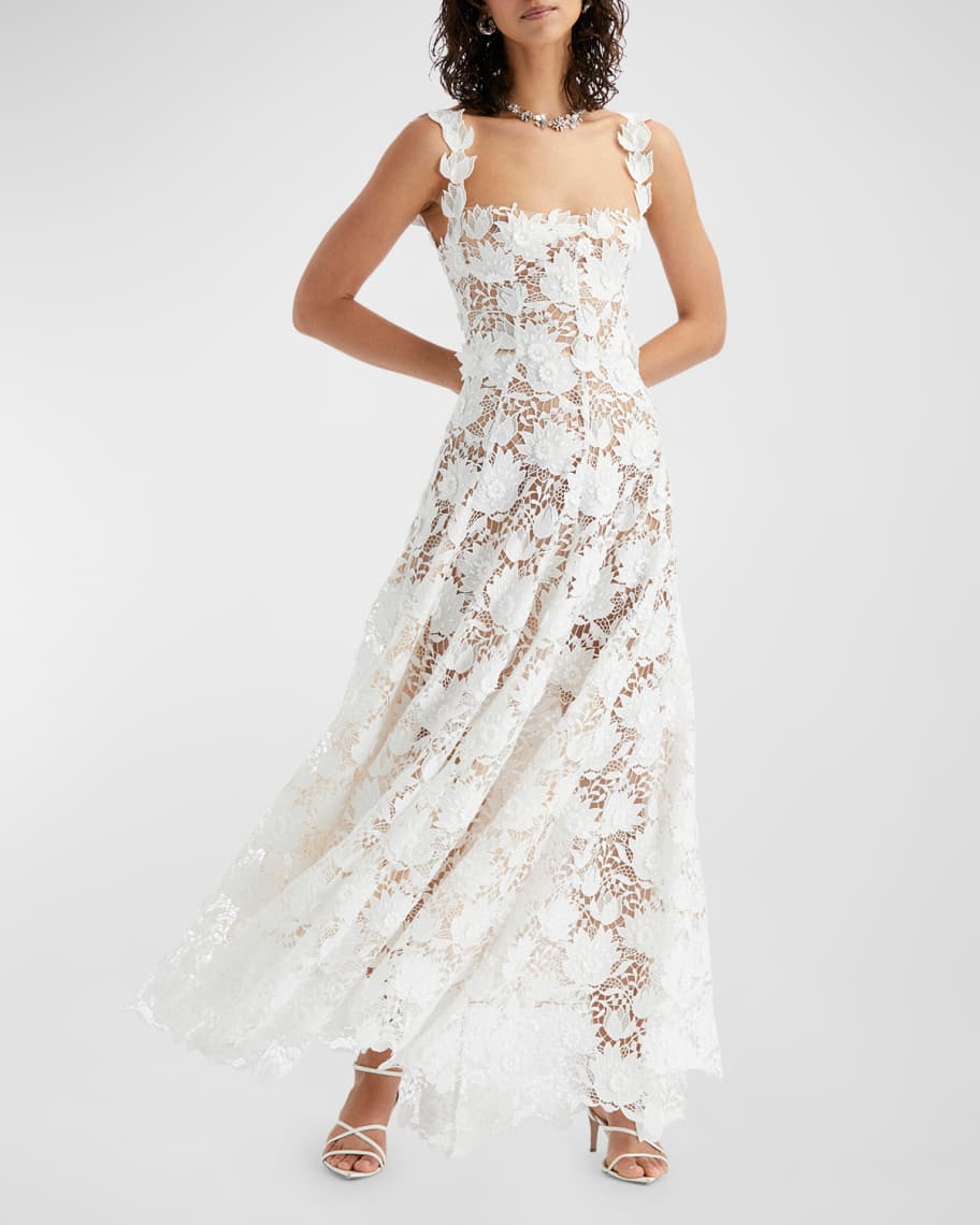 Oscar de la Renta Water Lily Guipure Lace Maxi Dress | Neiman Marcus
