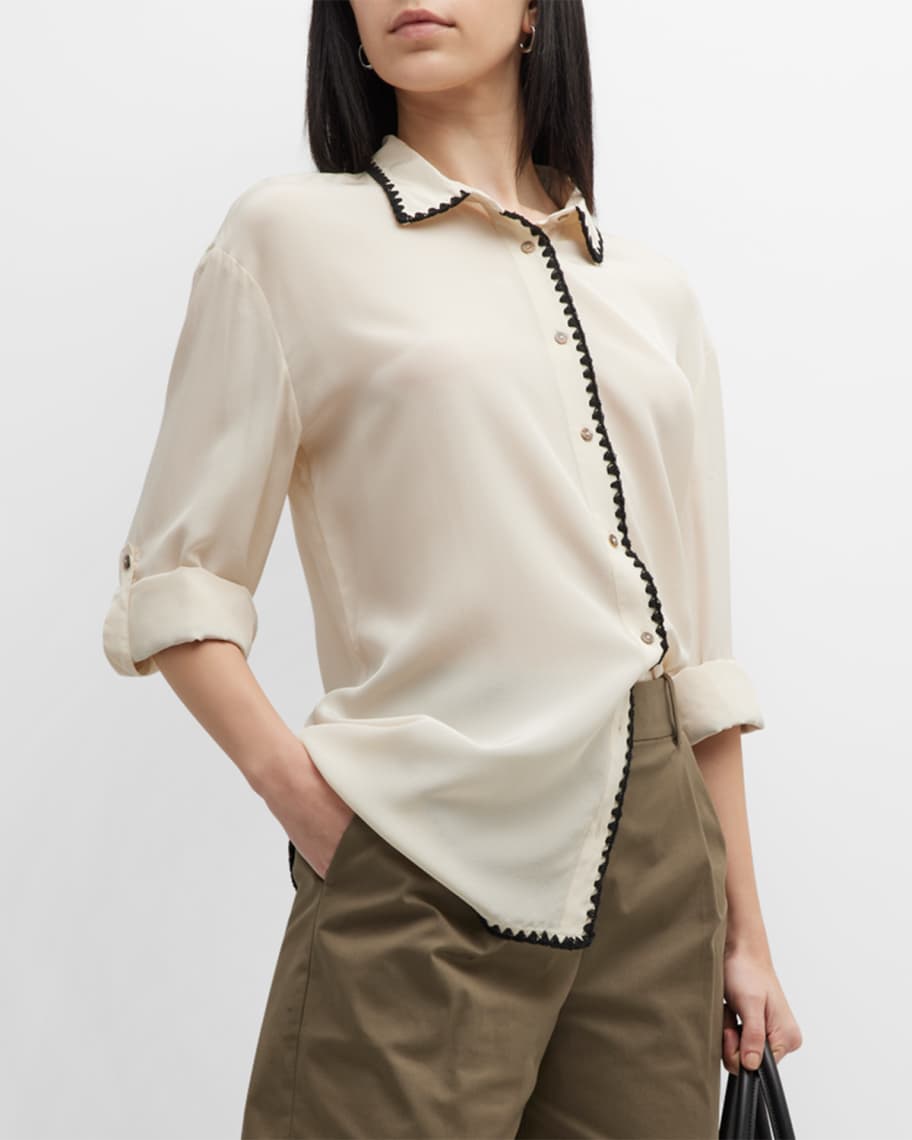 Johnny Was Peggy Embroidered Silk Button-Down Shirt | Neiman Marcus