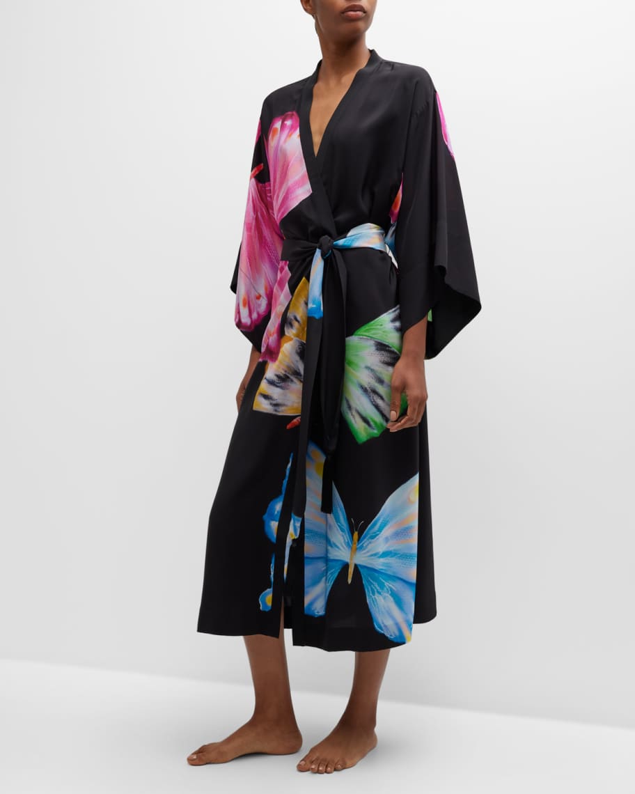 Josie Natori Kyoko Butterfly-Print Kimono-Sleeve Silk Robe | Neiman Marcus