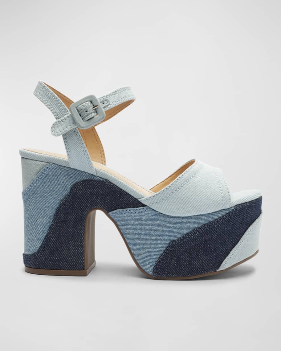 Schutz Isabelle Tricolor Denim Platform Sandals | Neiman Marcus