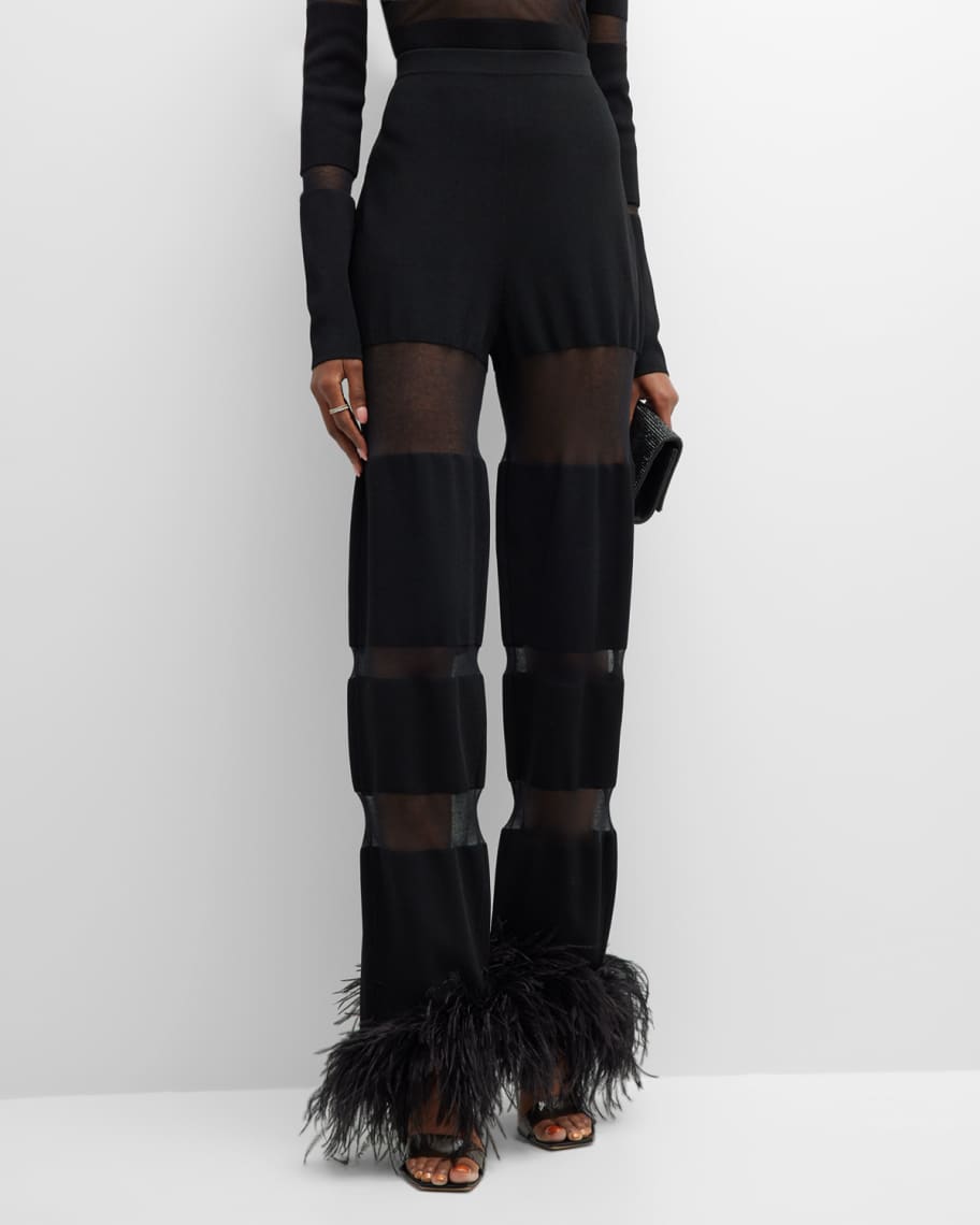 LAPOINTE Sheer Stripe-Paneled Straight-Leg Pants with Feather-Trim ...