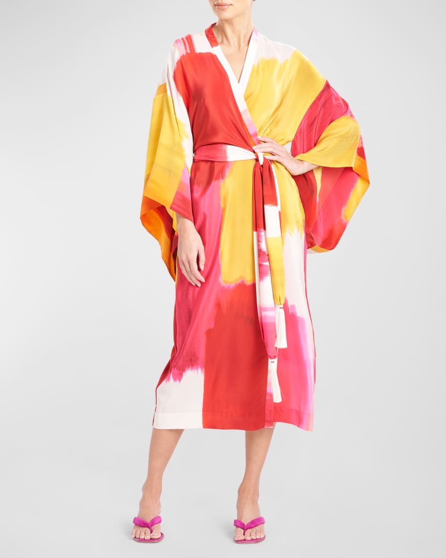 Josie Natori Bohol Printed Kimono-Sleeve Silk Robe | Neiman Marcus
