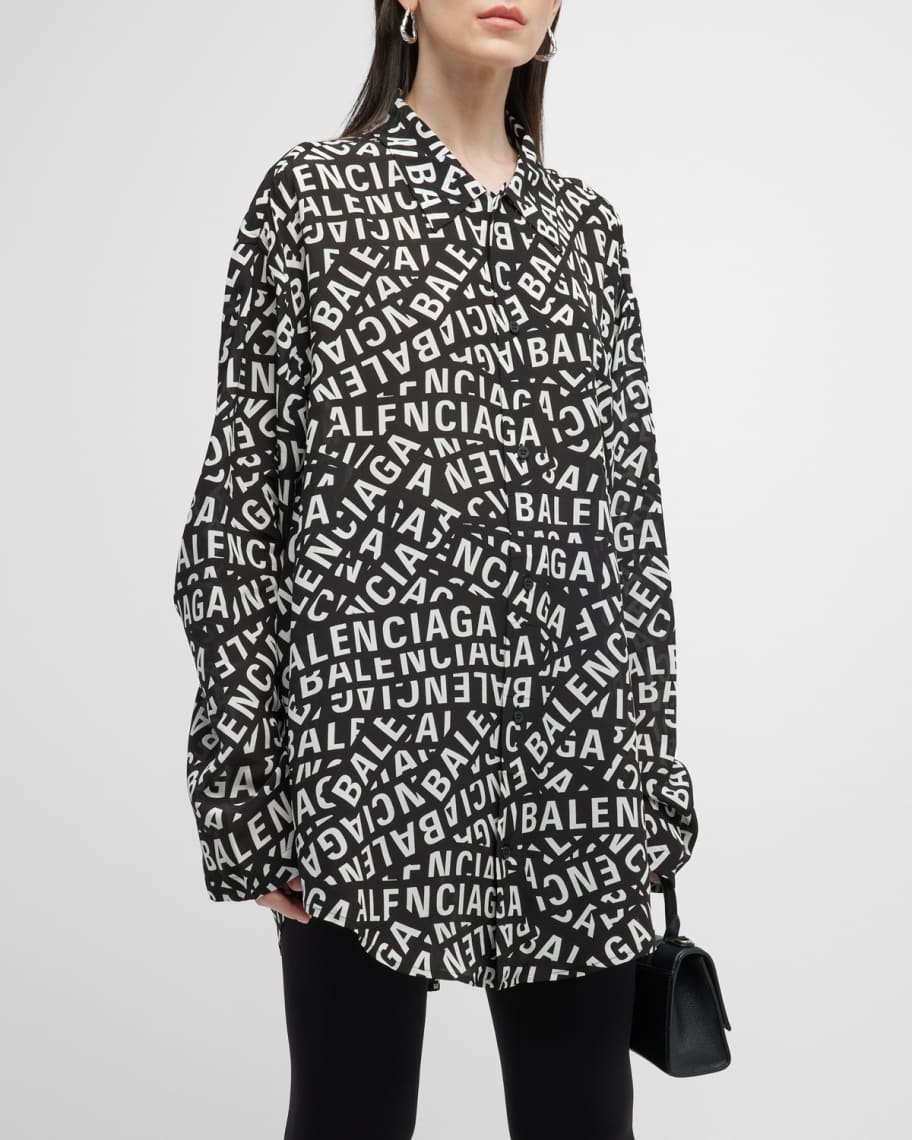 Balenciaga Logo Tape-Print Oversized Silk Minimal Shirt | Neiman Marcus