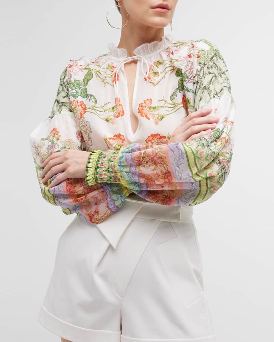 Alice + Olivia Julius Smocked-Cuff Silk-Blend Blouse | Neiman Marcus
