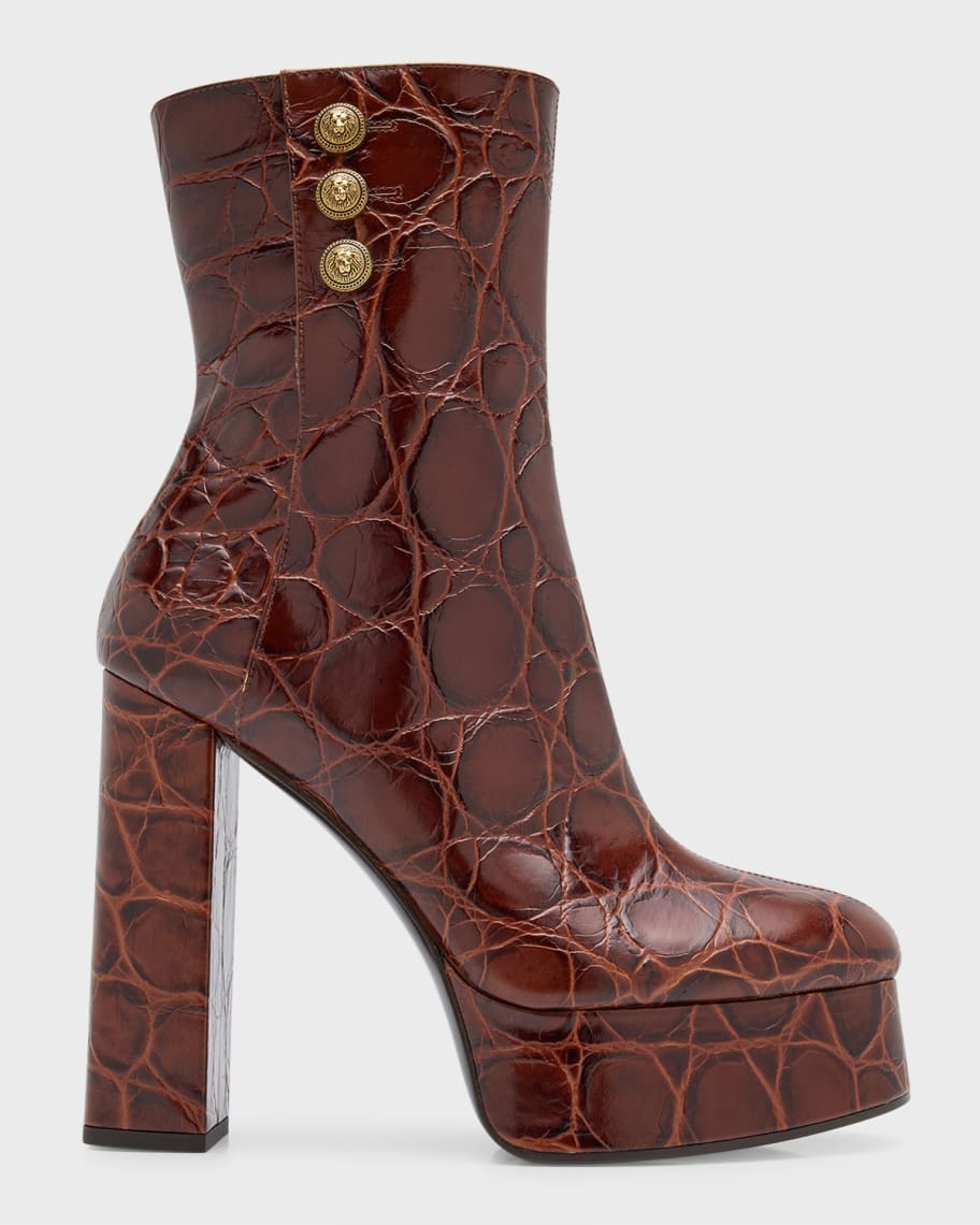 Balmain Brune Croco Button Platform Booties | Neiman Marcus