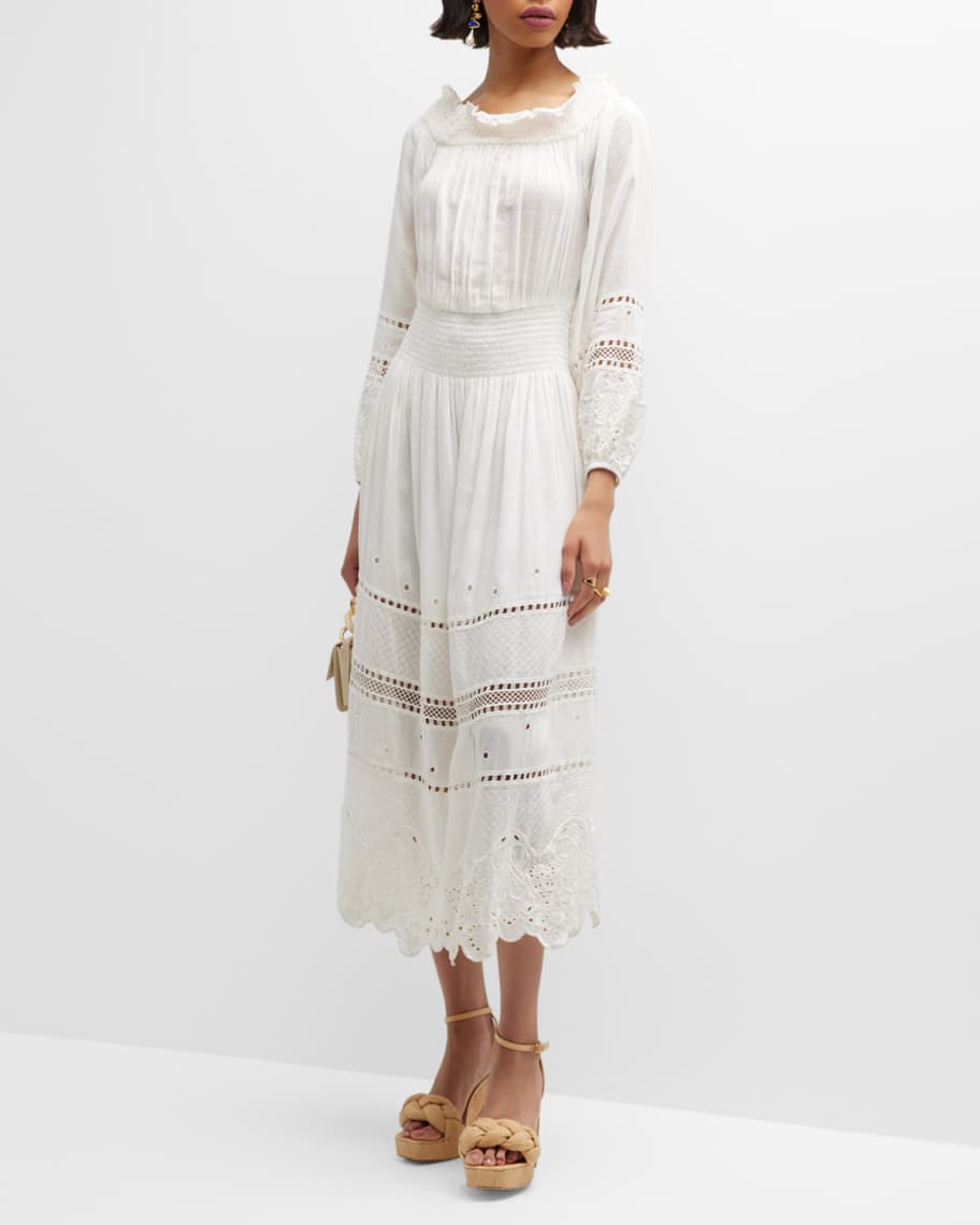 Ramy Brook Flavia Embroidered Off-Shoulder Midi Dress | Neiman Marcus