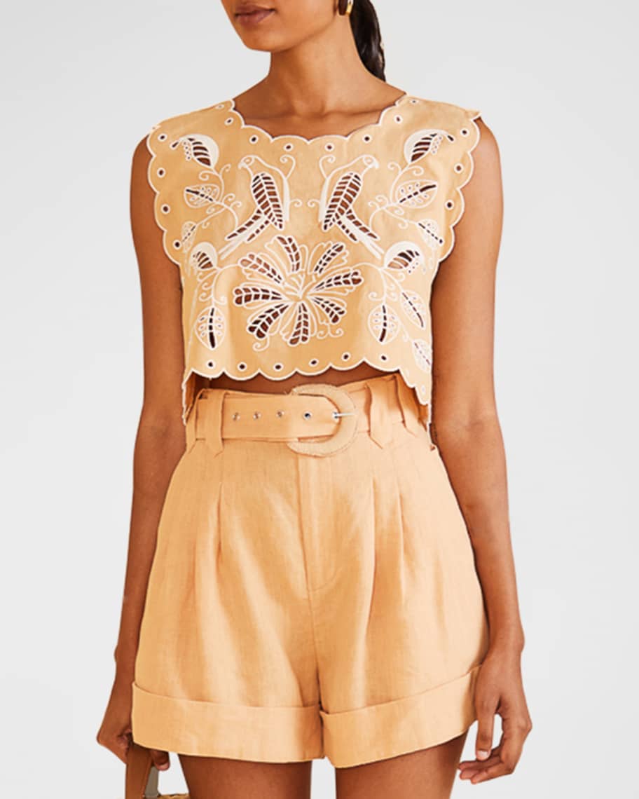 Farm Rio Sand Richilieu Embroidery Sleeveless Crop Top | Neiman Marcus