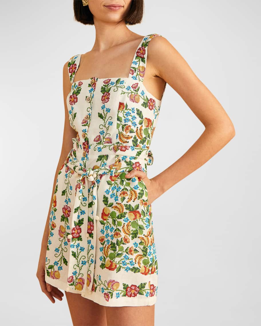 Farm Rio Tropical Romance Tie-Belt Romper | Neiman Marcus