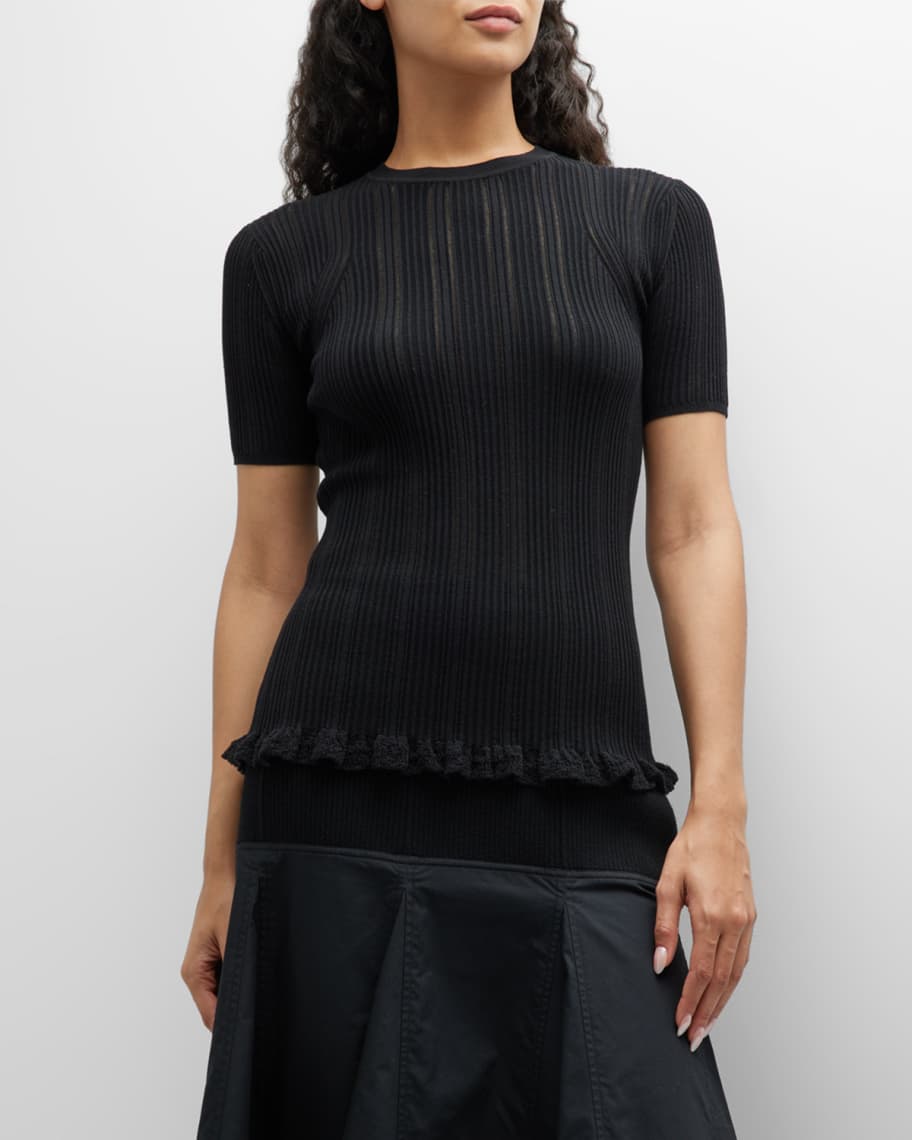 3.1 Phillip Lim Ribbed-Knit Crewneck Ruffle Tee | Neiman Marcus