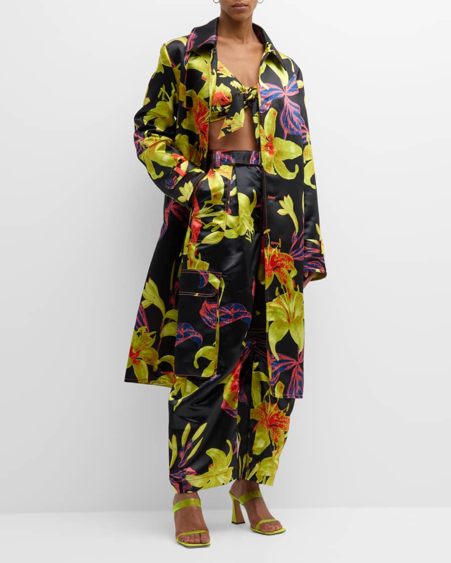 CHRISTOPHER JOHN ROGERS Lily Floral-Print Satin Long Car Coat | Neiman ...