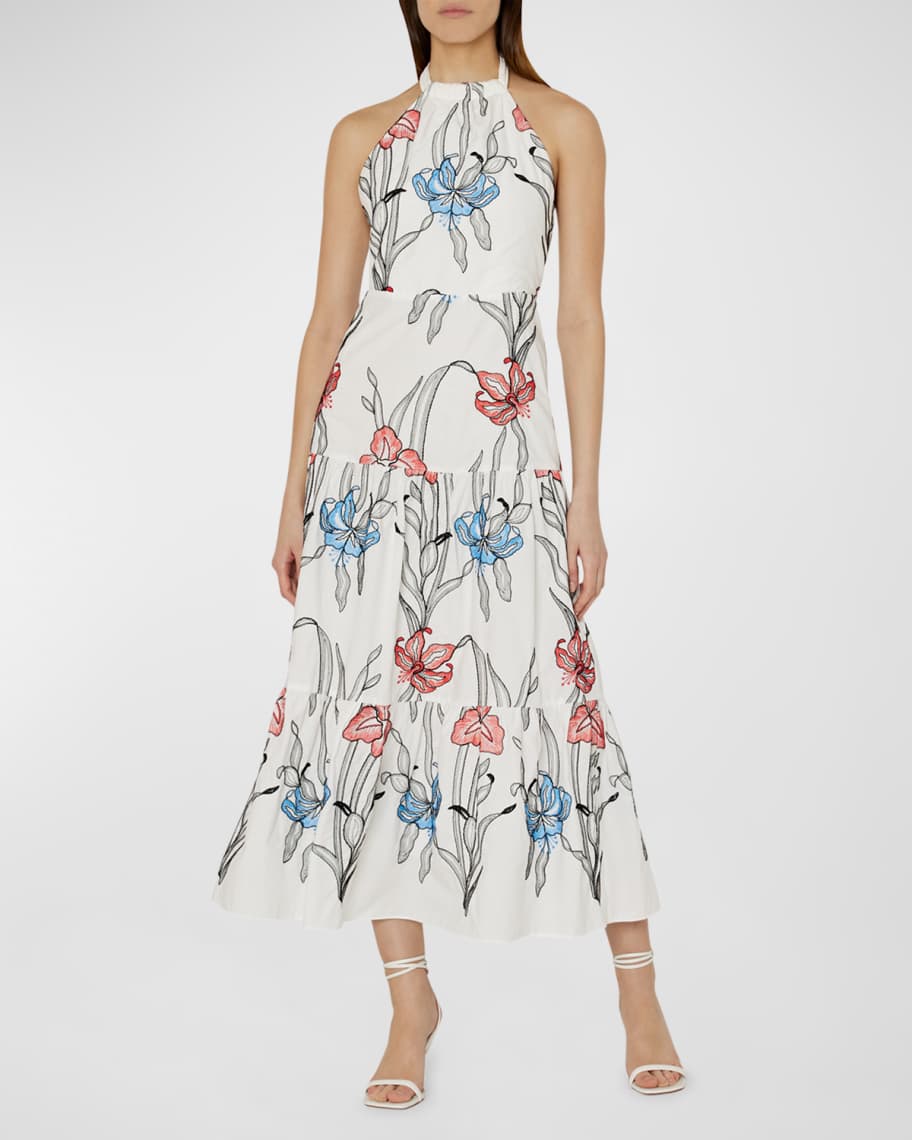 Milly Hayden Floral-Embroidered Halter Midi Dress | Neiman Marcus
