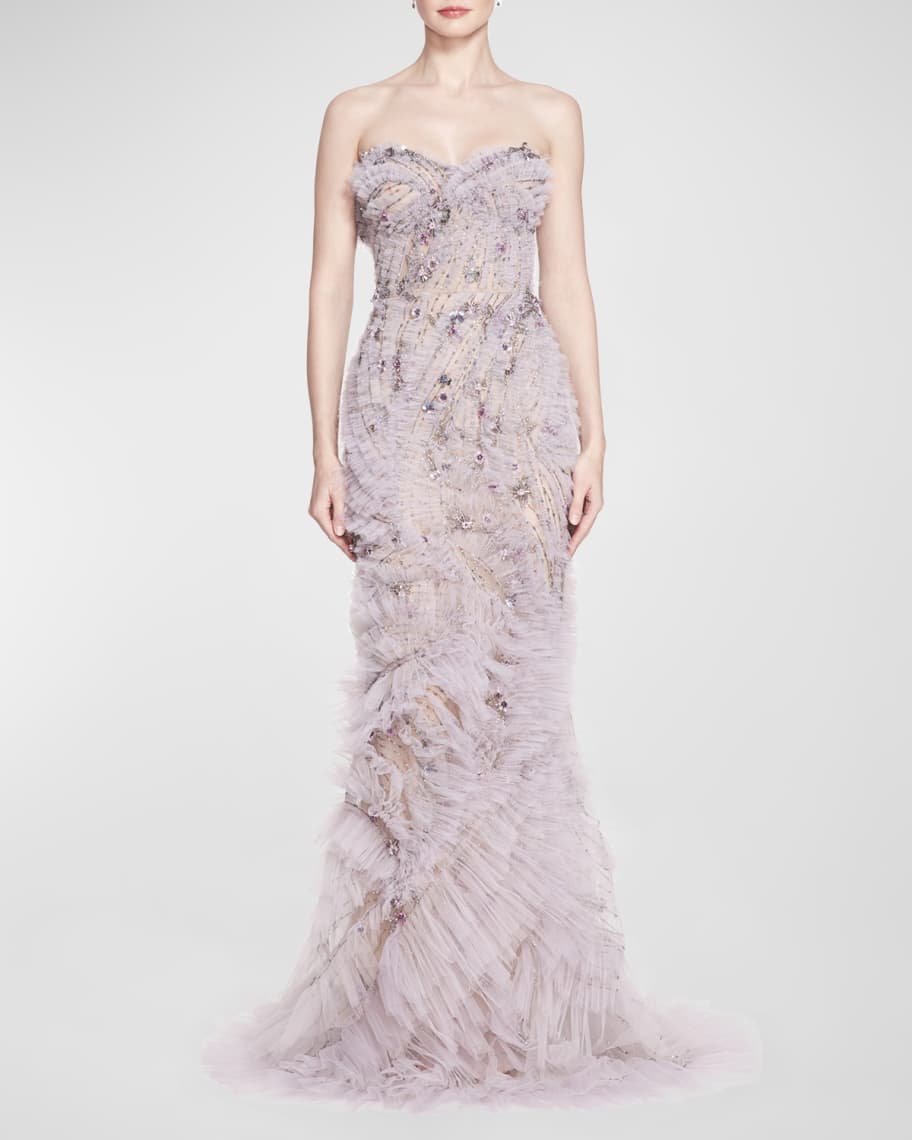 Marchesa Beaded Tulle Ruffle Strapless Mermaid Gown | Neiman Marcus