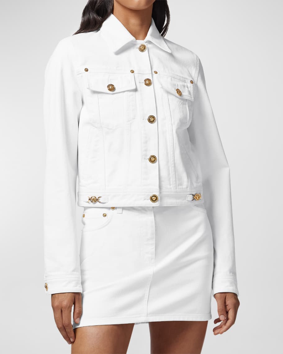 Versace Washed Denim Jacket with Medusa Hardware Details | Neiman Marcus