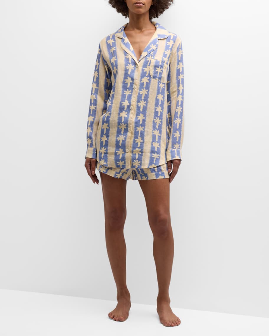 Desmond & Dempsey Striped Palm Tree-Print Cotton Pajama Set | Neiman Marcus