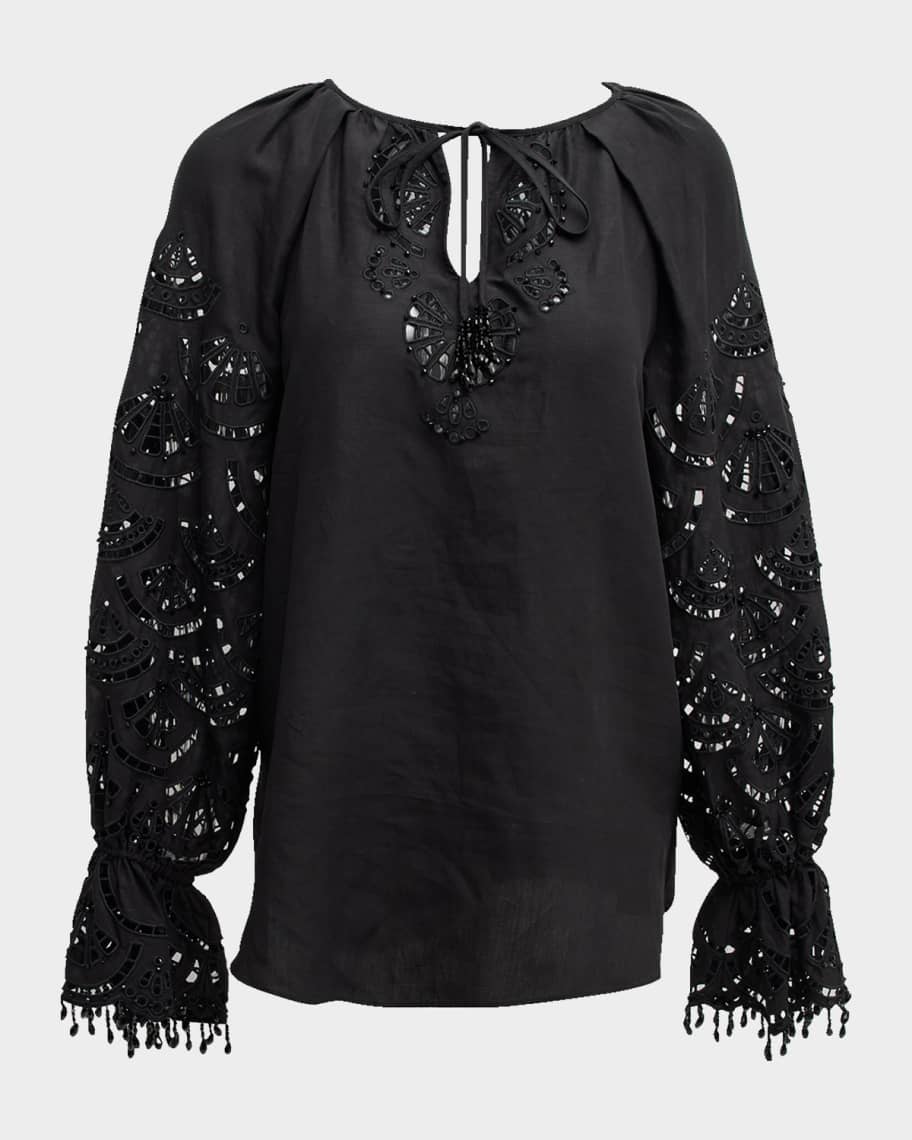 Kobi Halperin Simi Beaded Cutout Blouson-Sleeve Blouse | Neiman Marcus