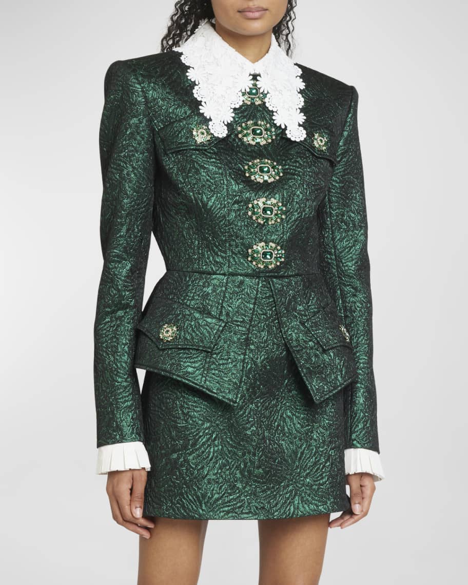 Andrew Gn Floral Lace-Collar Metallic Brocade Peplum Mini Shirtdress ...