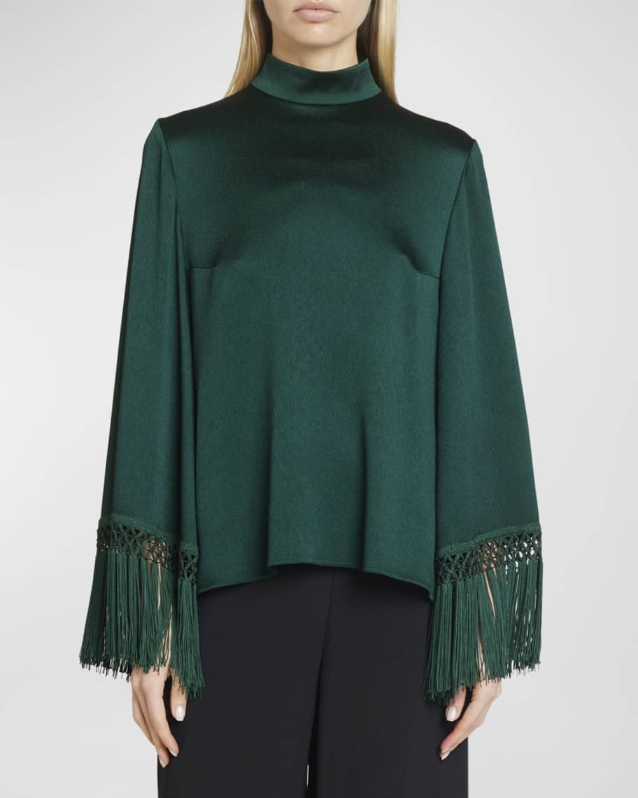 Andrew Gn Mock-Neck Fringe-Cuff Long-Sleeve Woven Top | Neiman Marcus