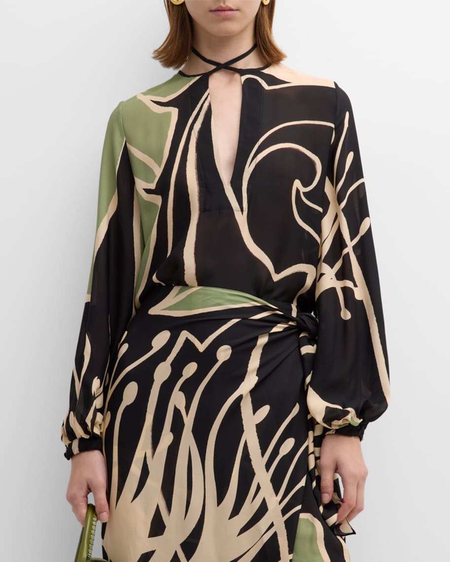 Johanna Ortiz Andean Heart Neck-Tie Silk Tunic Top | Neiman Marcus