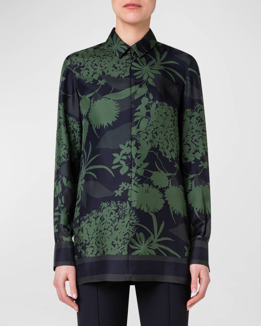 Akris Silk Twill Abraham Flower Print Tunic Blouse | Neiman Marcus