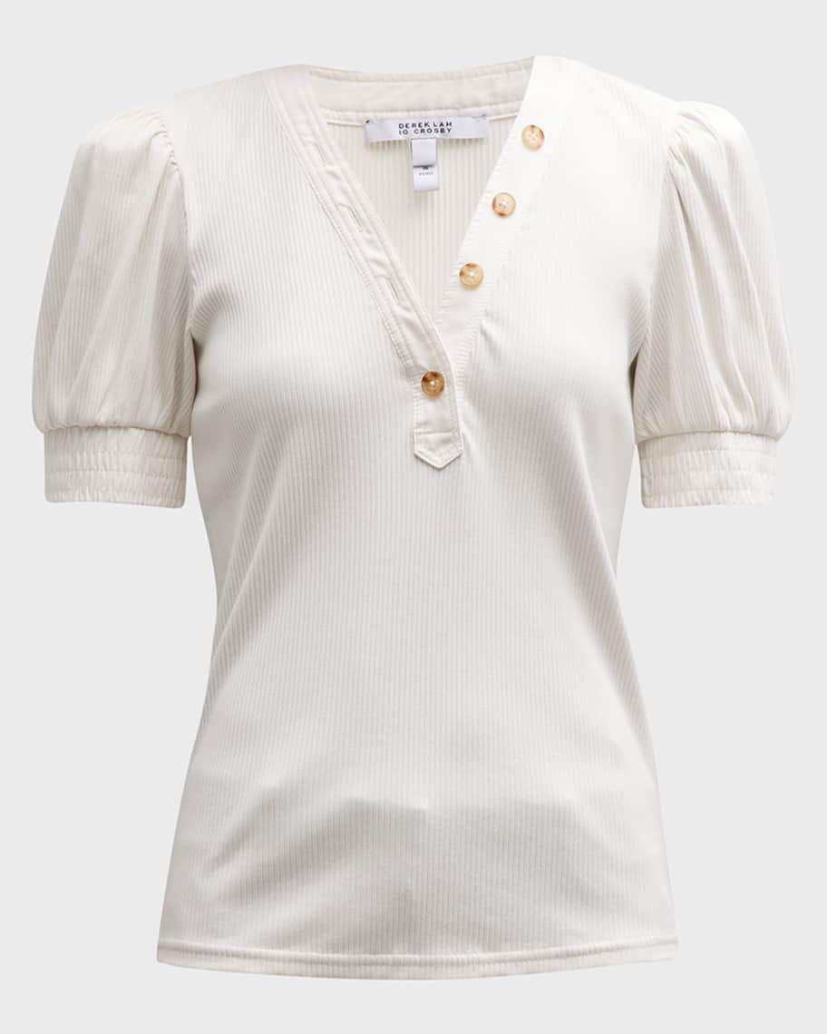 Derek Lam 10 Crosby Heather V-Neck Puff-Sleeve Top | Neiman Marcus
