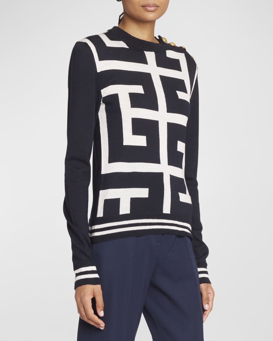 Balmain Large Monogram Button-Shoulder Wool Sweater | Neiman Marcus