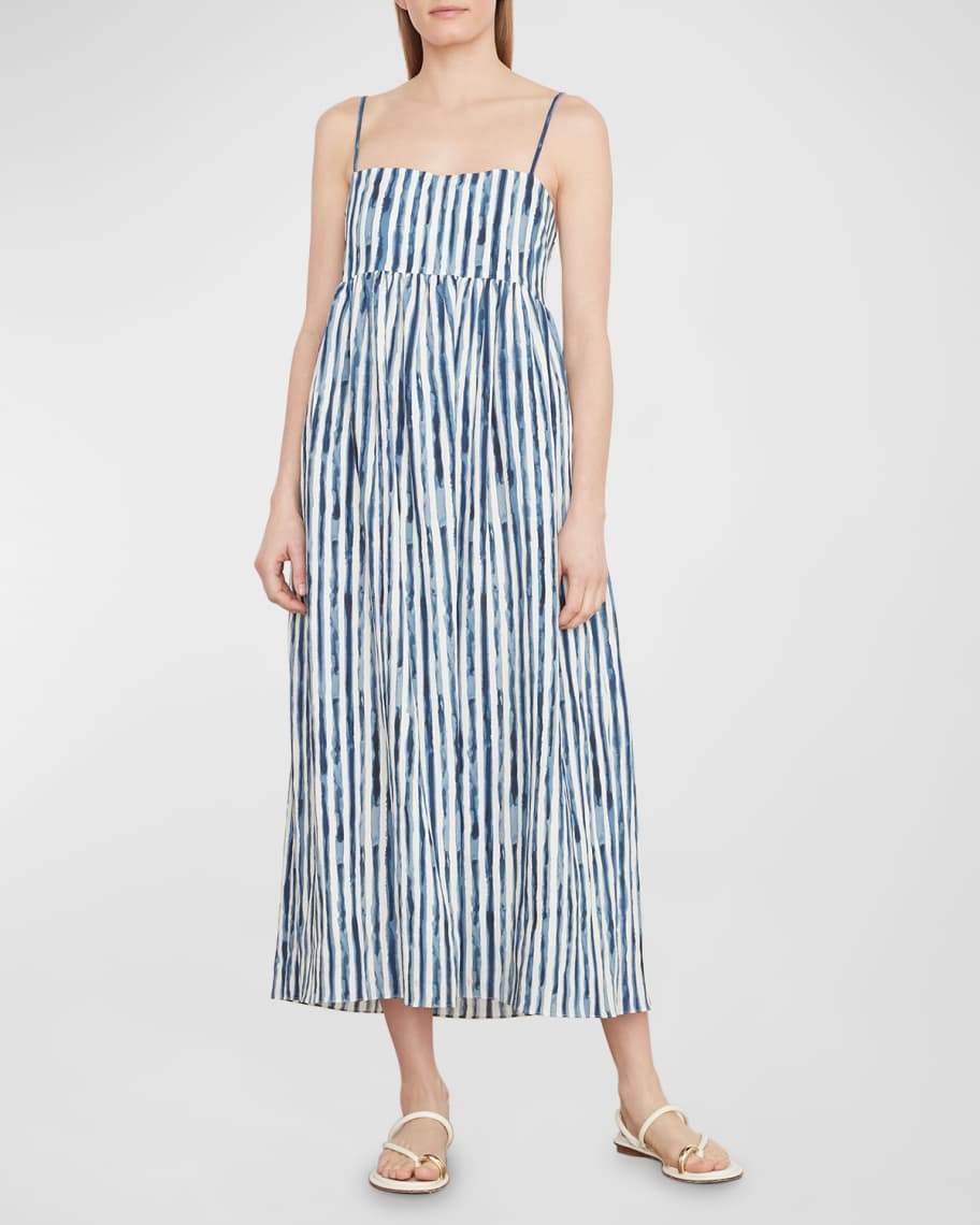 Vince Painterly Stripe Ruched Spaghetti-Strap Midi Dress | Neiman Marcus
