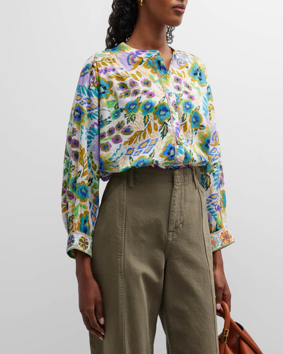 Johnny Was Plus Size Ikat Bloom Shirred Yoke Blouse | Neiman Marcus