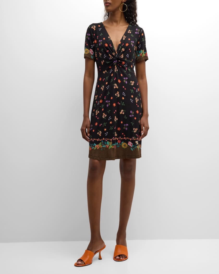 Johnny Was Nani Floral-Print Twist-Front Swing Dress | Neiman Marcus